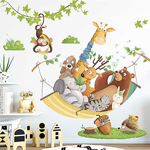 WAFT YEARN Waterproof Removable Watercolor Vinyl PVC Giraffe Safari Animal Wall Decal Wall Sticker Decor Nursery Kids Room Classroom Living Room Bedroom Bathroom Colorful Safari Jungle Wallpaper