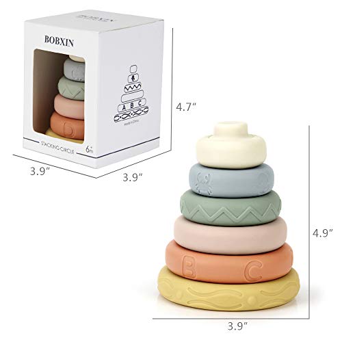 BOBXIN Stacking & Nesting Rings Toy, Soft Circle Stacker, 6 pcs Building Stacker,Teethers for Baby, Squeeze Play with Letter, Animal and Graphic, Toddler Learning Toys for 6 Month Old Boys Girls