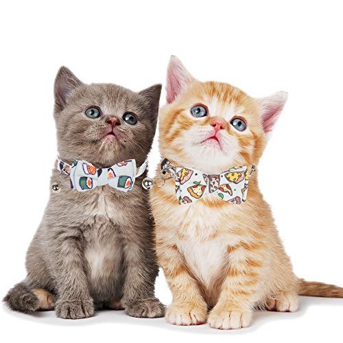 ADOGGYGO Cat Collar Breakaway with Cute Bow Tie Bell - 2 Pack Kitten Collar with Removable Bowtie Sushi Donuts Hamburg Pizza Pattern Cat Bow tie Collar for Cat Kitten (Pizza & Sushi)