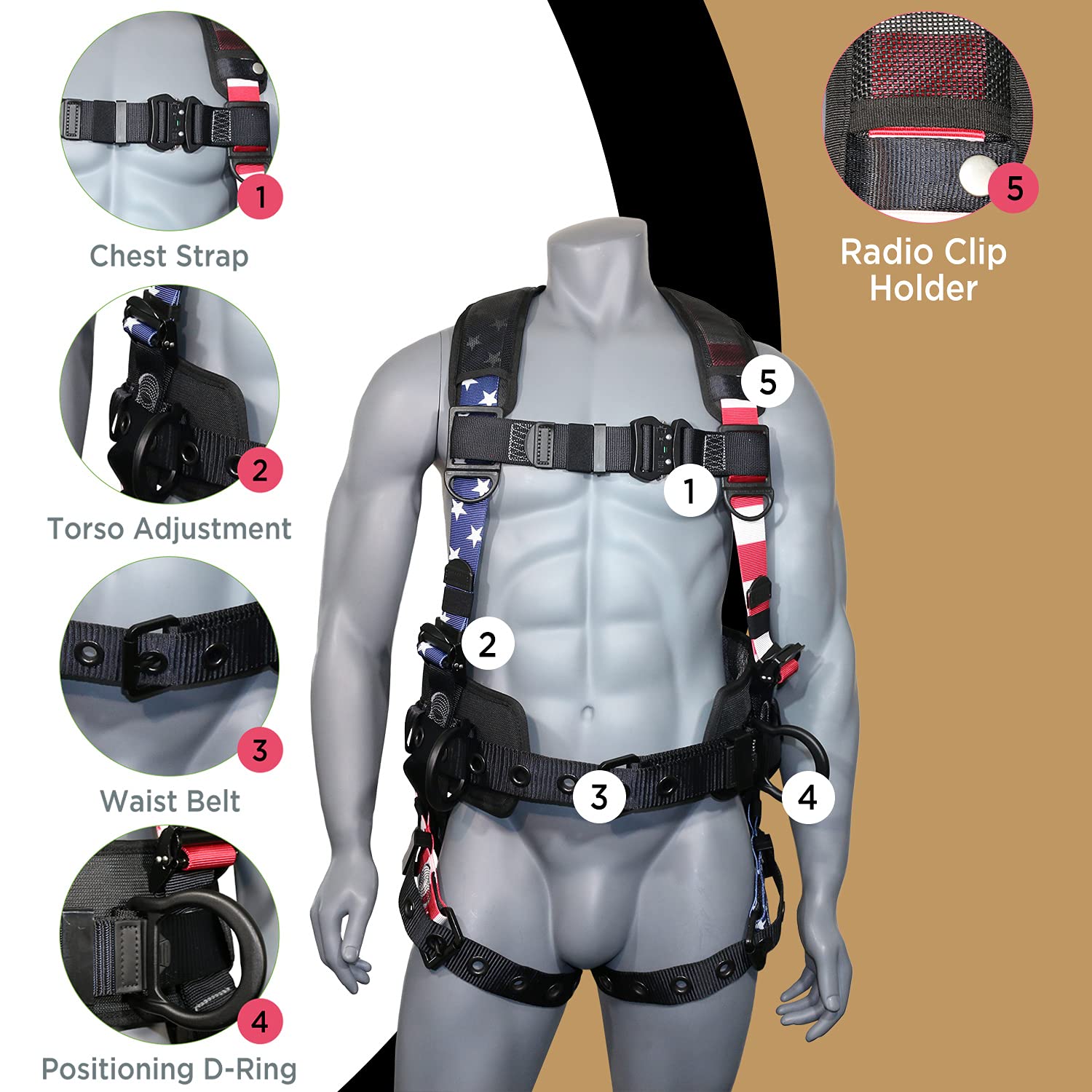 AFP Fall Protection Full-Body Premium American Flag Safety Harness, Vented & Padded Shoulder, Legs & Back, 8” Thick Back Support Belt, Aluminum D-Rings, Tongue Buckle, Quick Release (OSHA/ANSI PPE)
