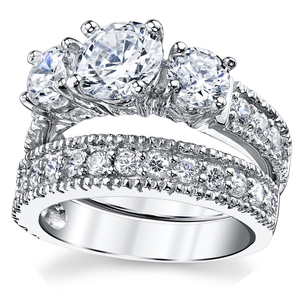 1.25 Carats Sterling Silver Past Present Future 2-Pc Bridal Set Cubic Zirconia Engagement Wedding Ring Band ( size 8)