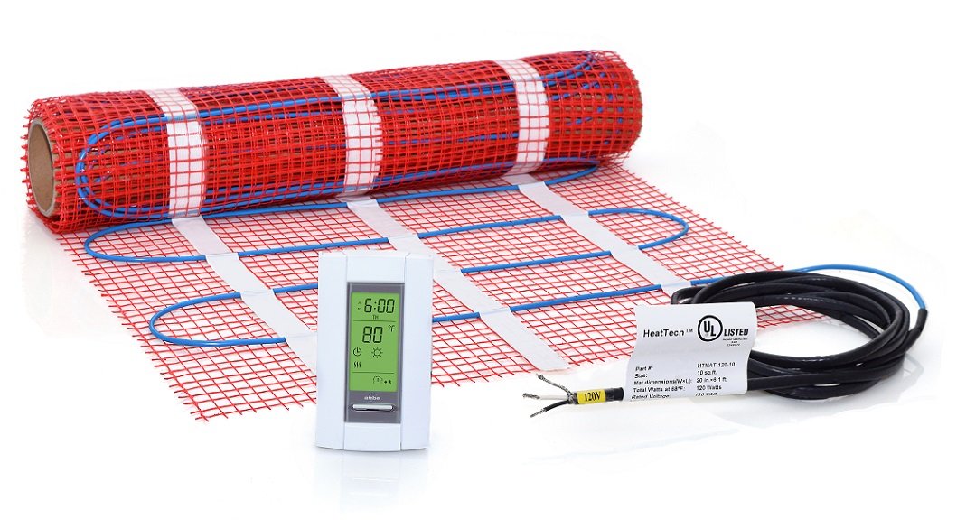 10 sqft Heated Floor Mat Kit, 120V Electric Radiant Floor Heating System for Tile and Stone with Floor Sensing Thermostat and Floor Sensor Aube TH115-AF-120S