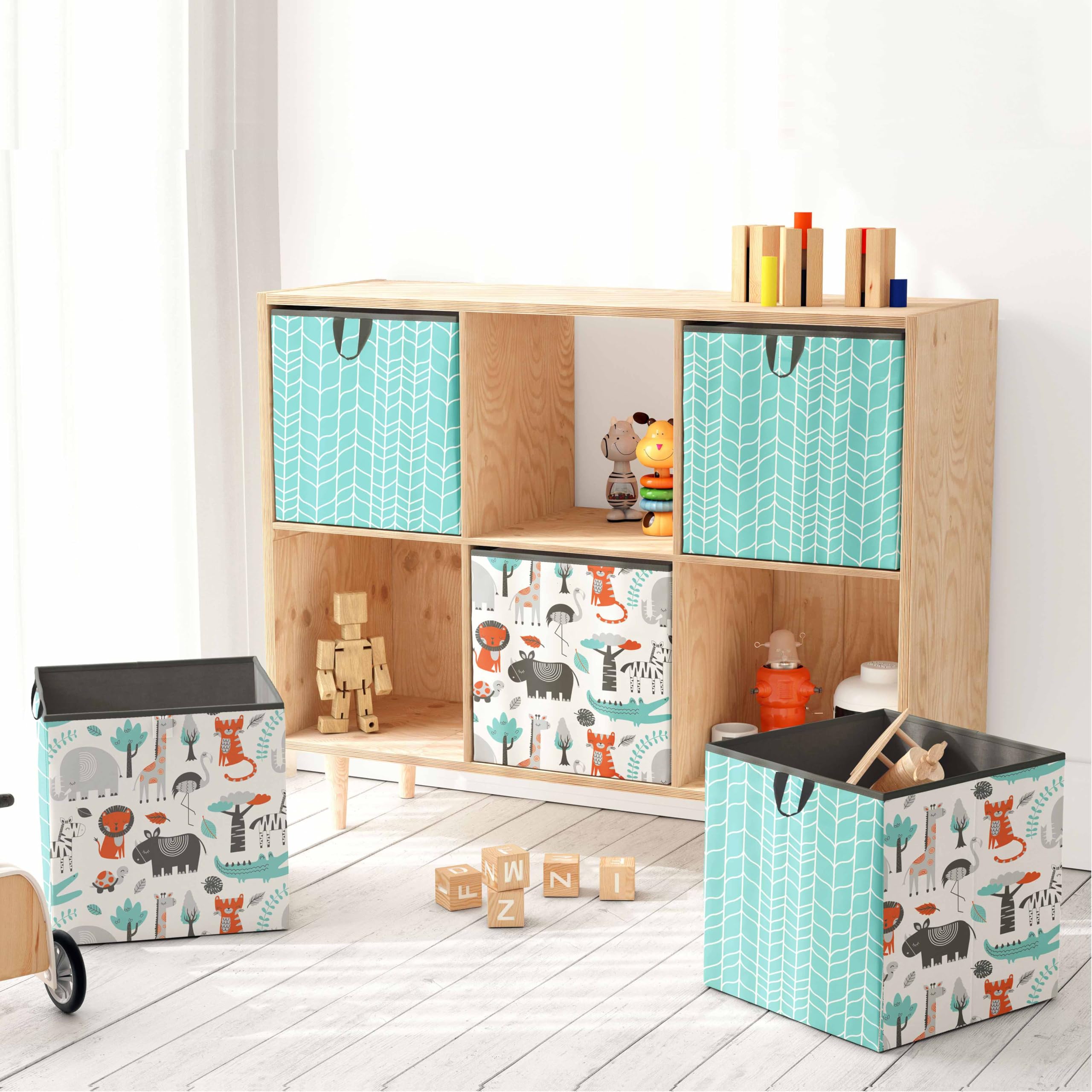 Bacati - Small Storage Tote Safari Animals Aqua/Orange/Gray Boys 10 x 10 x 10 inches