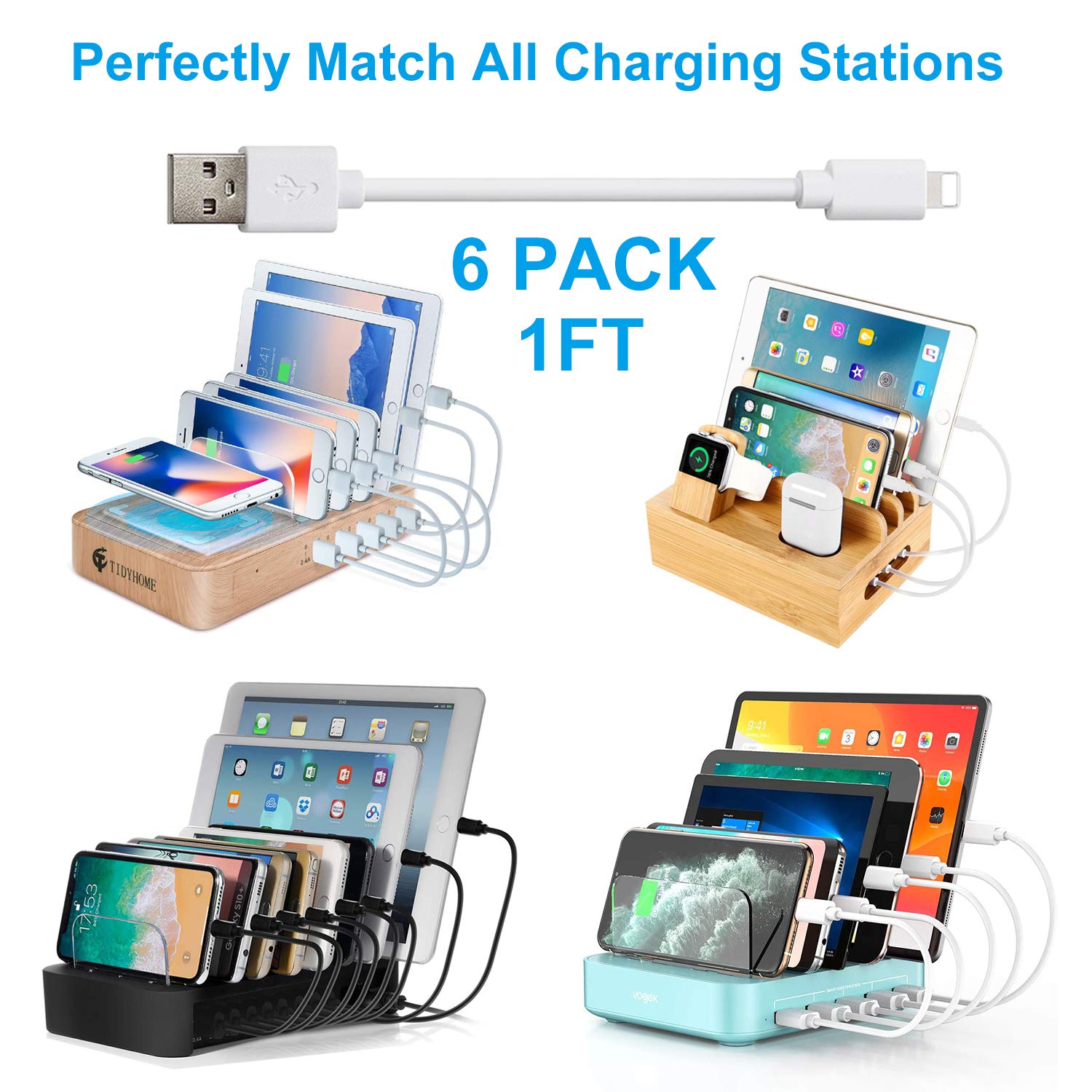 Short Phone Charger Cable (6 Pack 1 FT Cord) Compatible with Cellphone, All USB Charging Station, CLZHome Fast Charge & Sync Data Cables for Phone 11 Pro Xs MAX XR X 8 7 7 Plus 6s 6s Plus 6 6 Plus