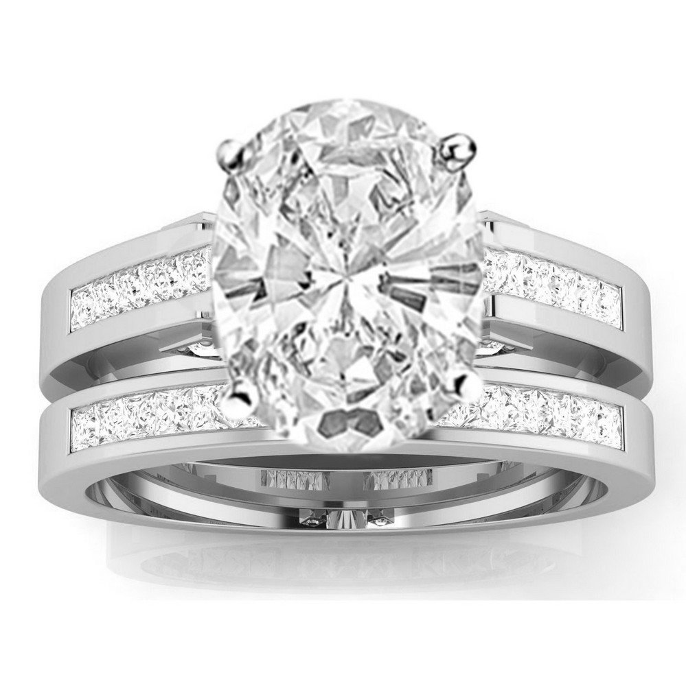 1.28 Carat GIA Certified Oval Cut 14k White Gold Channel Set Princess Cut Bridal Set Diamond Engagement Ring Wedding Band with a 0.5 Ct D-E VVS1-VVS2 Center