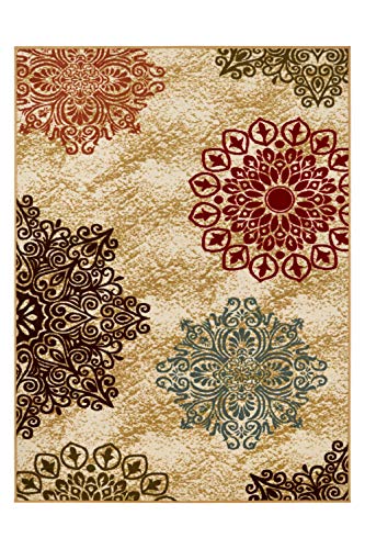 Antep Rugs Alfombras Modern Floral 5x7 Non-Skid (Non-Slip) Low Profile Pile Rubber Backing Indoor Area Rugs (Beige, 5' x 7')
