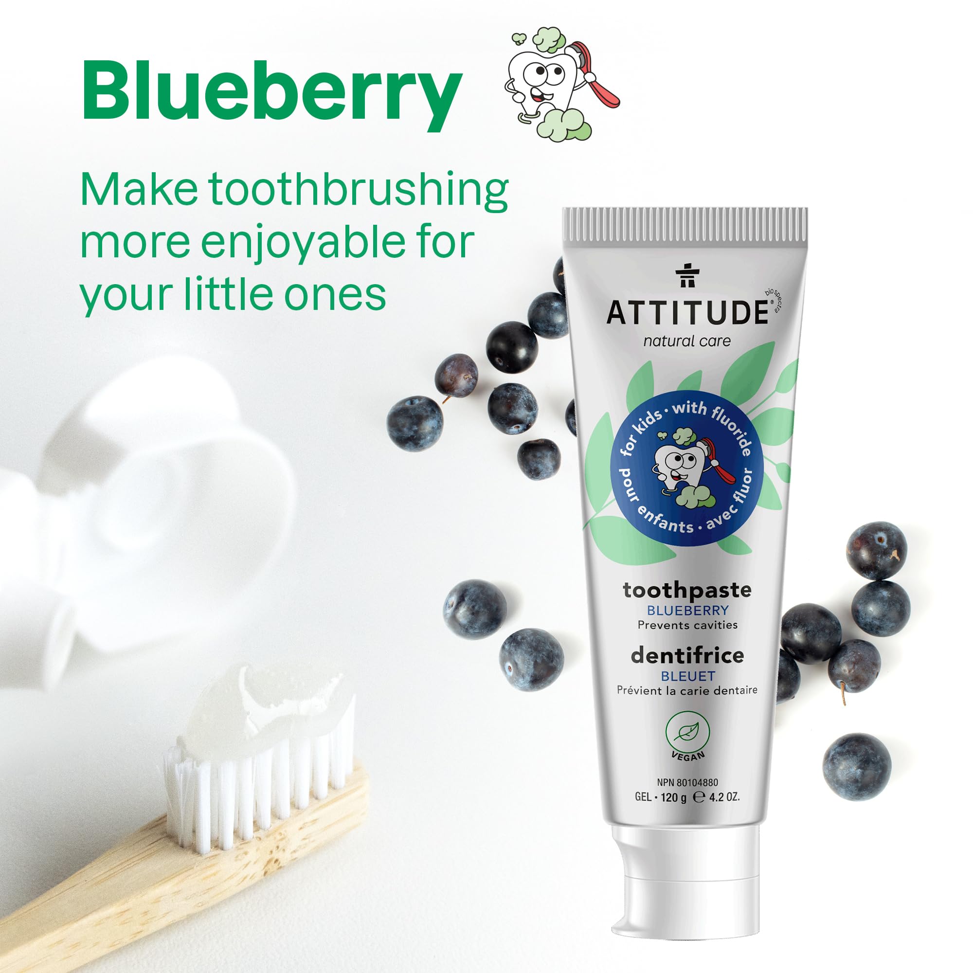 ATTITUDE Toothpaste with Fluoride, Prevents Tooth Decay and Cavities, Vegan, Cruelty-Free and Sugar-Free, Blueberry, 4.2 Oz