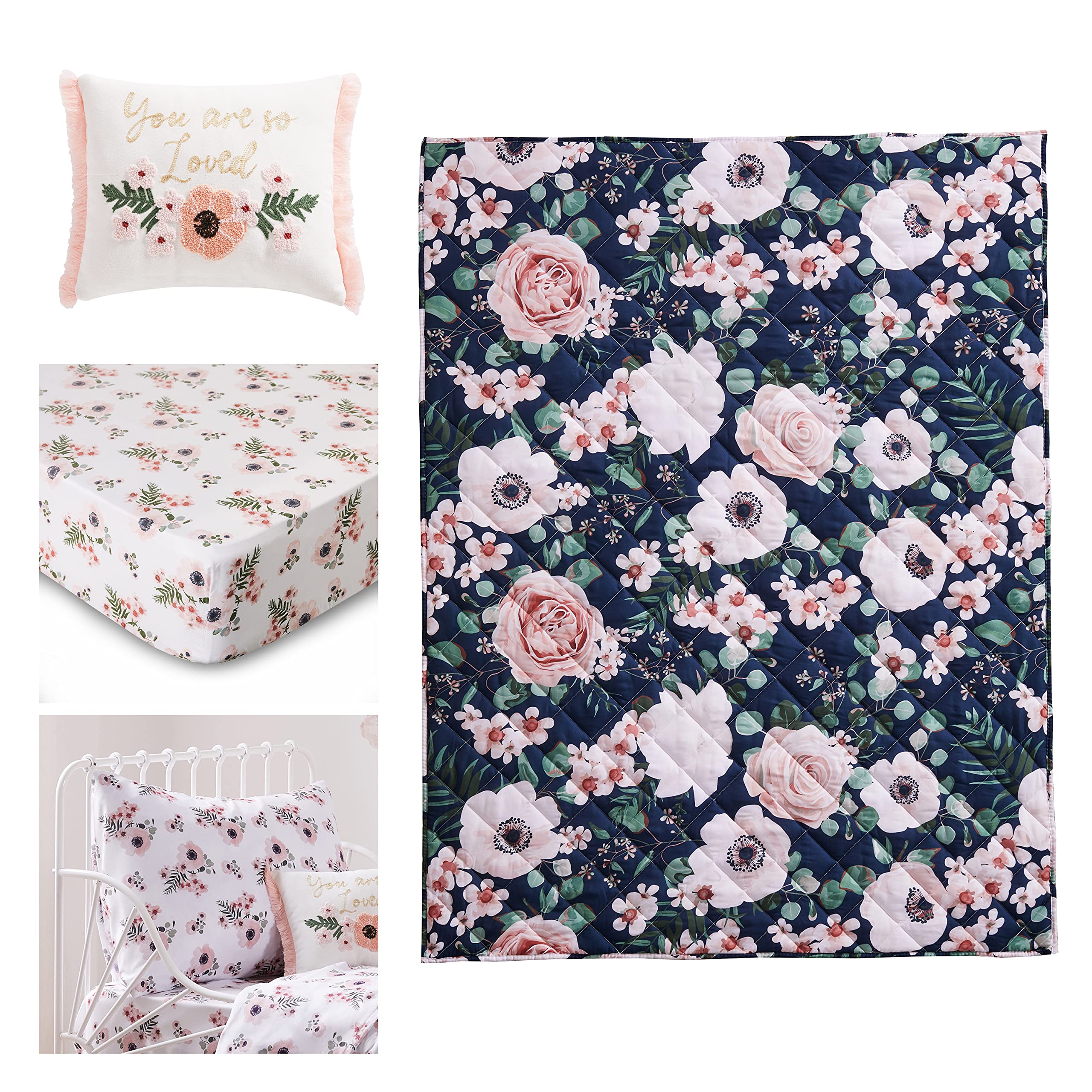 Levtex Baby - Fiori Toddler Bed Set - Black, Blush, Pink, White - Bold Floral - 5 Piece Set Includes Reversible Quilt, Fitted Sheet, Flat Sheet, Pillow Case, Decorative Pilow
