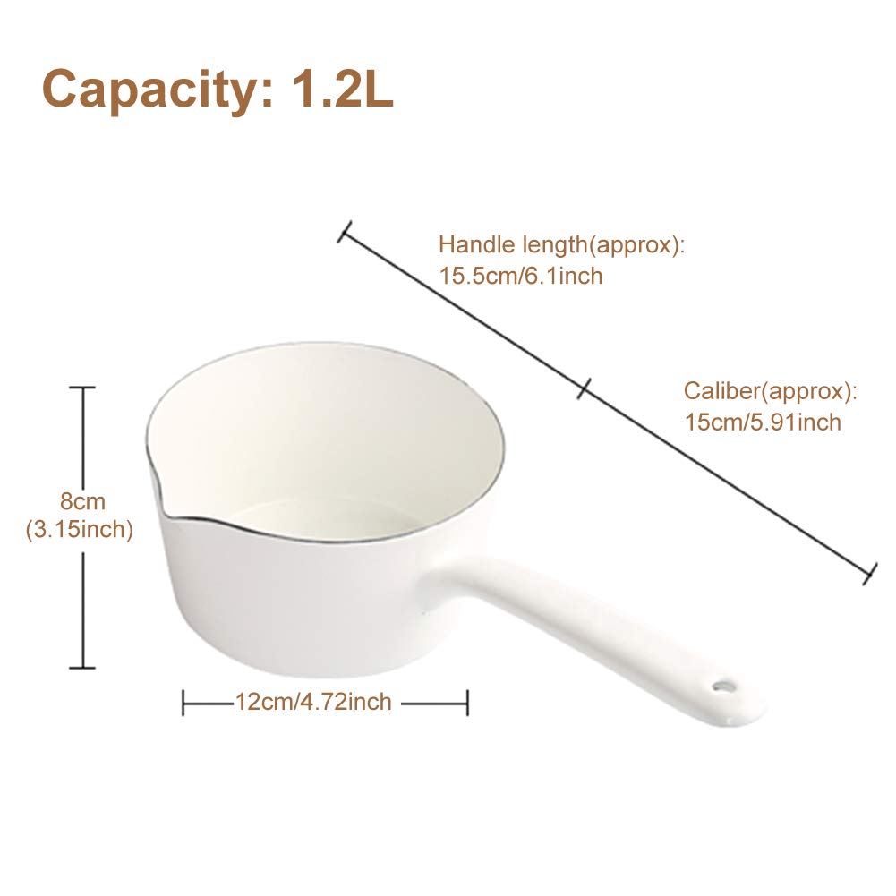 1.2L Saucepan, Enamel Milk Pan, Butter Warmer, Milk Pot, Easy to Cook and Clean, Non-Stick Milk Boiling Pot with Handle for Home Kitchen Restaurant(White)