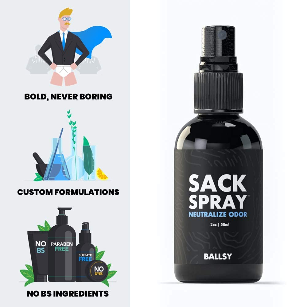 Ballsy Body & Groin Spray β Deodorant for Men - Neutralize Odor & Skin Irritation w/Tea Tree & Aloe Vera Extracts - Cruelty, Sulfate & Paraben-Free Deodorant Spray 2 oz, 1 Pack