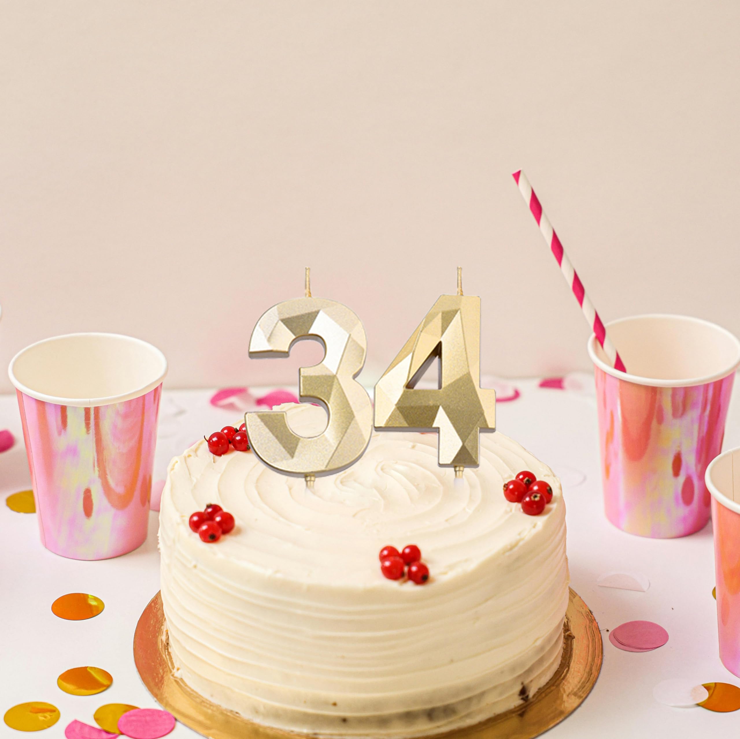 2 inch Gold 34 Birthday Candles, 3D Diamond Number 34th Cake Topper for Boys Girls Birthday Party Decorations Theme Party