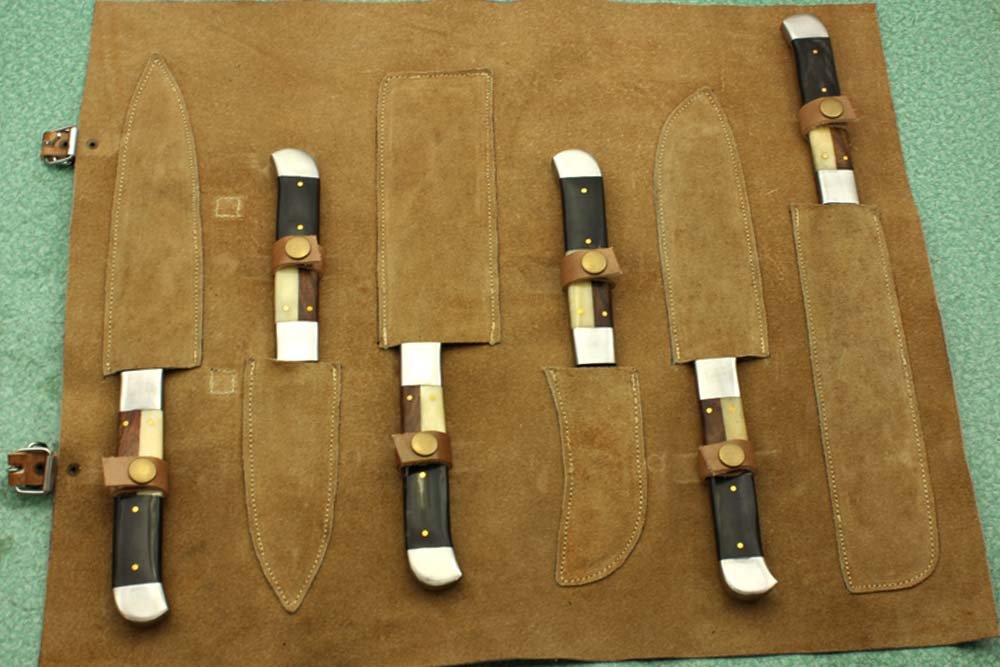 6 Pieces Damascus steel kitchen knife set, Custom made hand forged Damascus steel blade, Overall 65 inches Length of Damascus sharp knives, Cow hide suede Leather sheath00