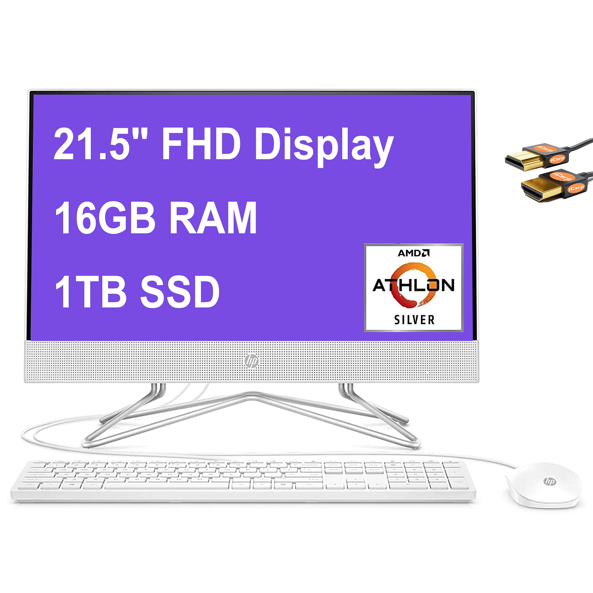 HP 22 All in One Desktop Computer 21.5" FHD Display AMD Athlon Silver 3050U 16GB RAM 1TB SSD DVD Keyboard and Mouse AMD Radeon Graphics Webcam Win 10 + HDMI Cable