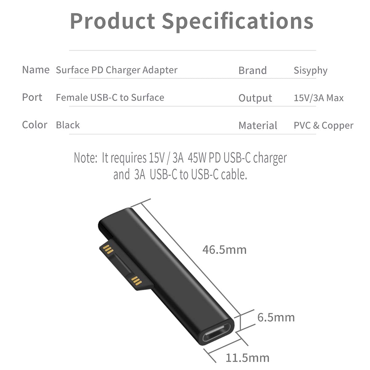 Sisyphy Surface Connect to USB C Charging Adapter (Basic Black, Connector only, 1 Pack), Compatible for Microsoft Surface Pro 7/6/5/4/3 Go 1/2 Laptop 4/3/2/1, Works with 45W 15V3A USBC Power Supply