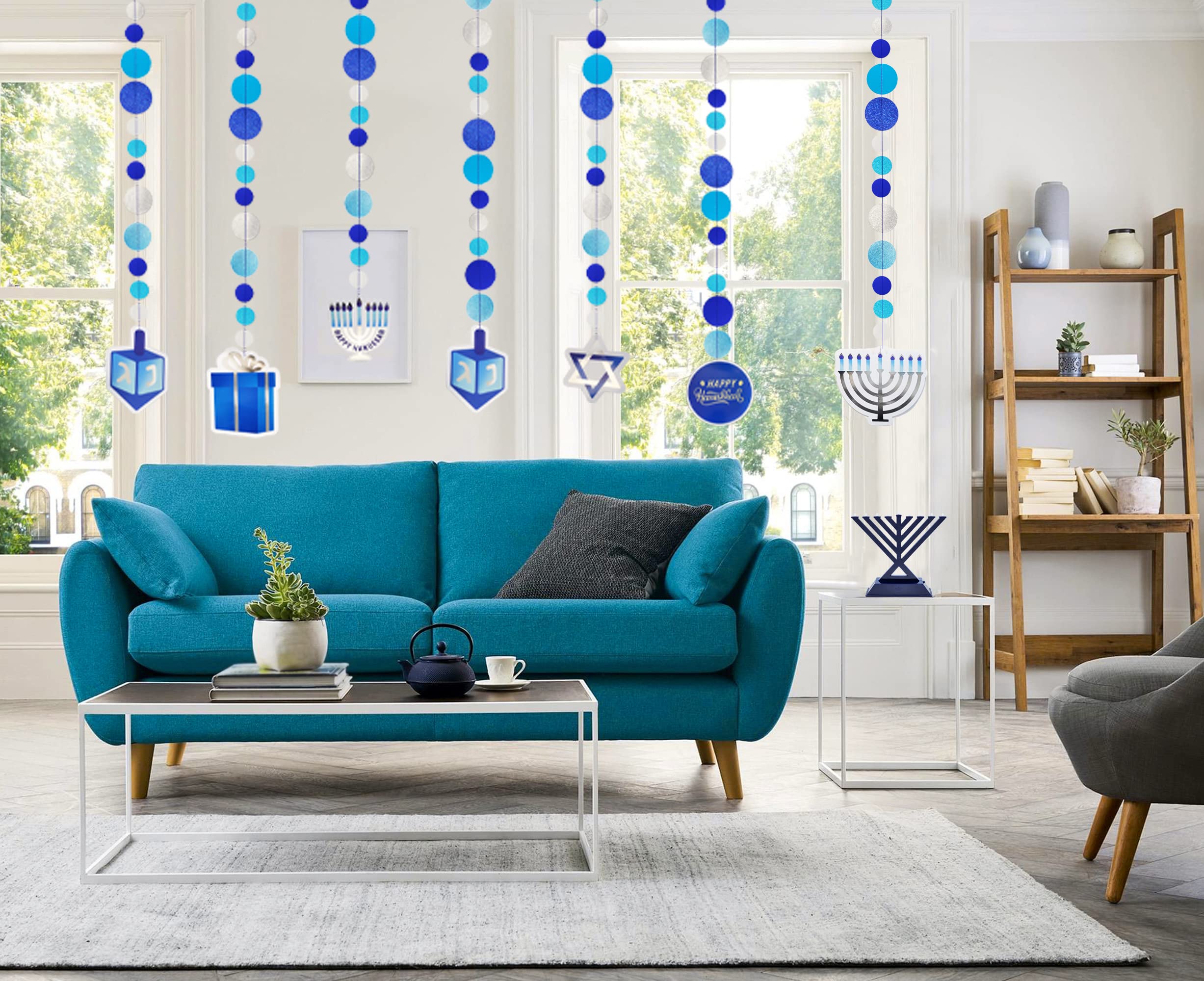 The Dreidel Company Hanukkah Swirl Decorations, Circle Designs, Includes 12 Swirls with Foil Hanukkah Cutouts 24" and Swirls Alone Hang 18" (Single)
