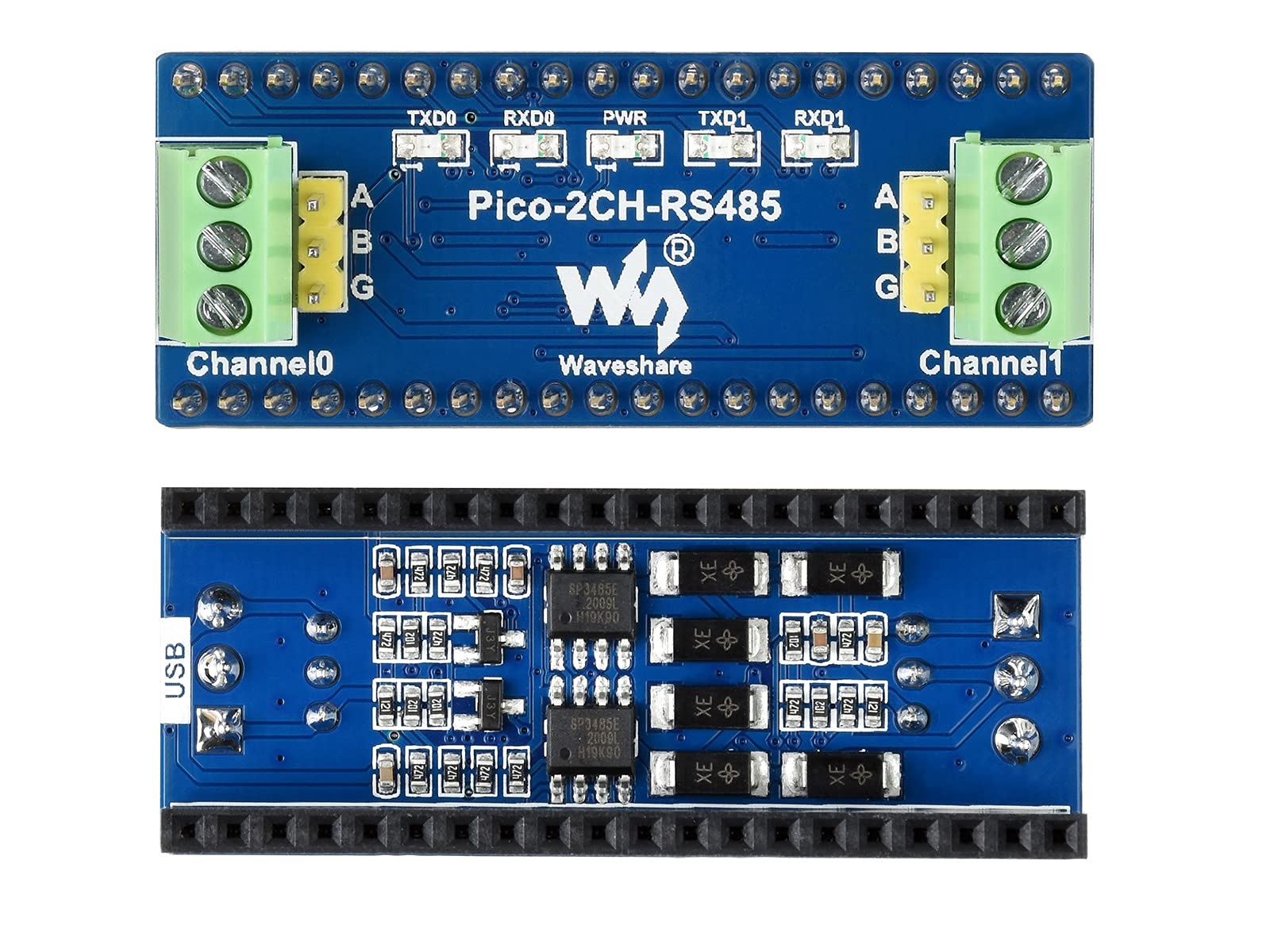 Waveshare 2-Channel RS485 Module Expansion Board for Raspberry Pi Pico, SP3485 Transceiver, UART to RS485, 300500000bps BAUDRATE
