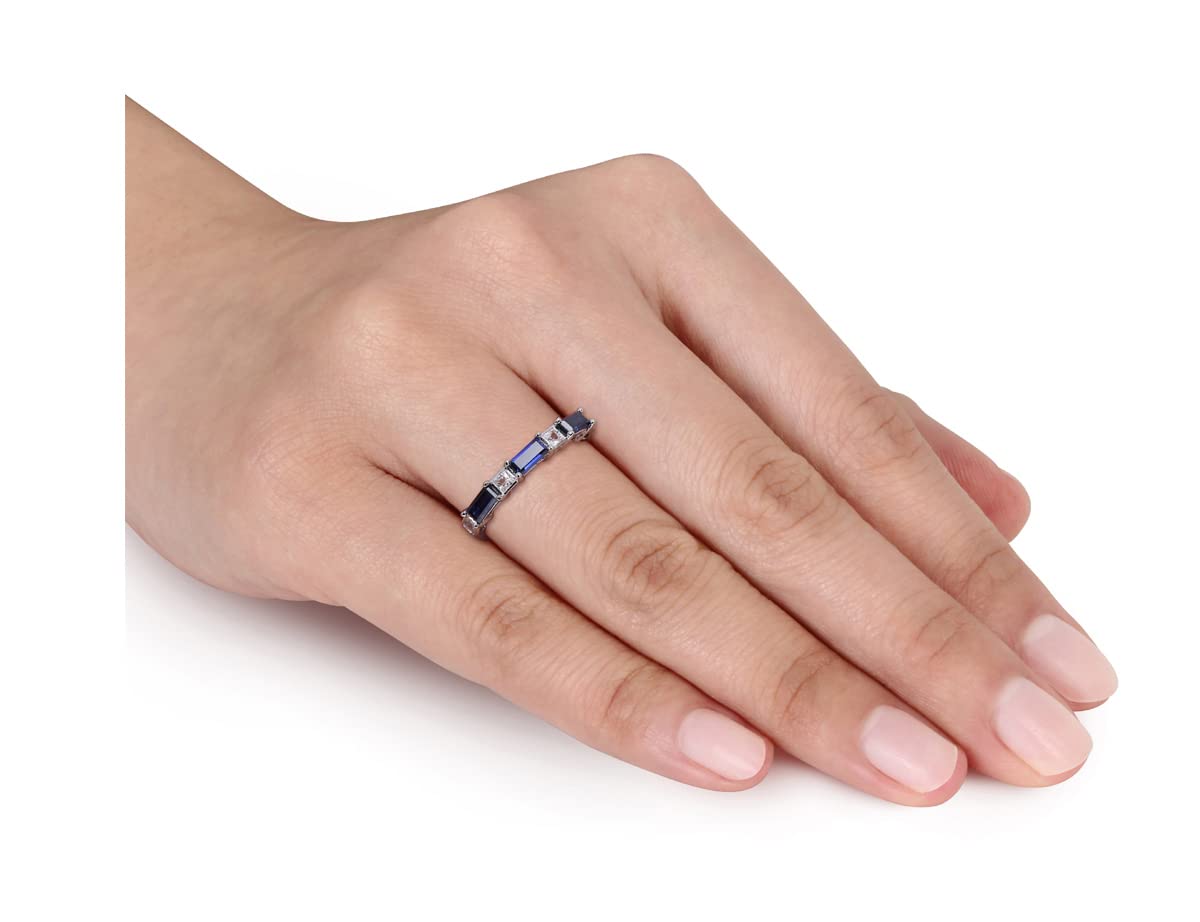 1.40 Carat (ctw) Lab-Created Blue and White Sapphire Baguette Ring Band in Sterling Silver
