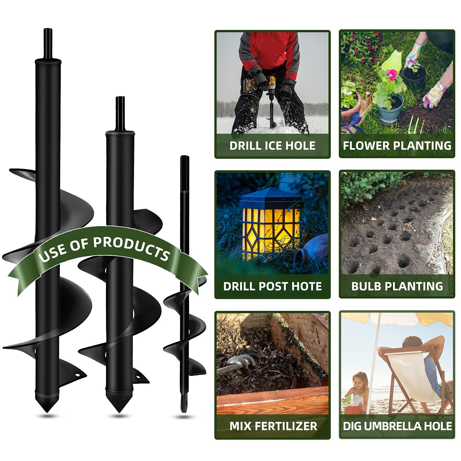 Auger Spiral Drill Bit for Planting Bulb Flower & Bedding, Garden Plant Auger, Upright or Umbrella Hole Diggers, Includes 3 Heavy Duty Cast Aluminum Garden Hand Shovels (6 Pieces)