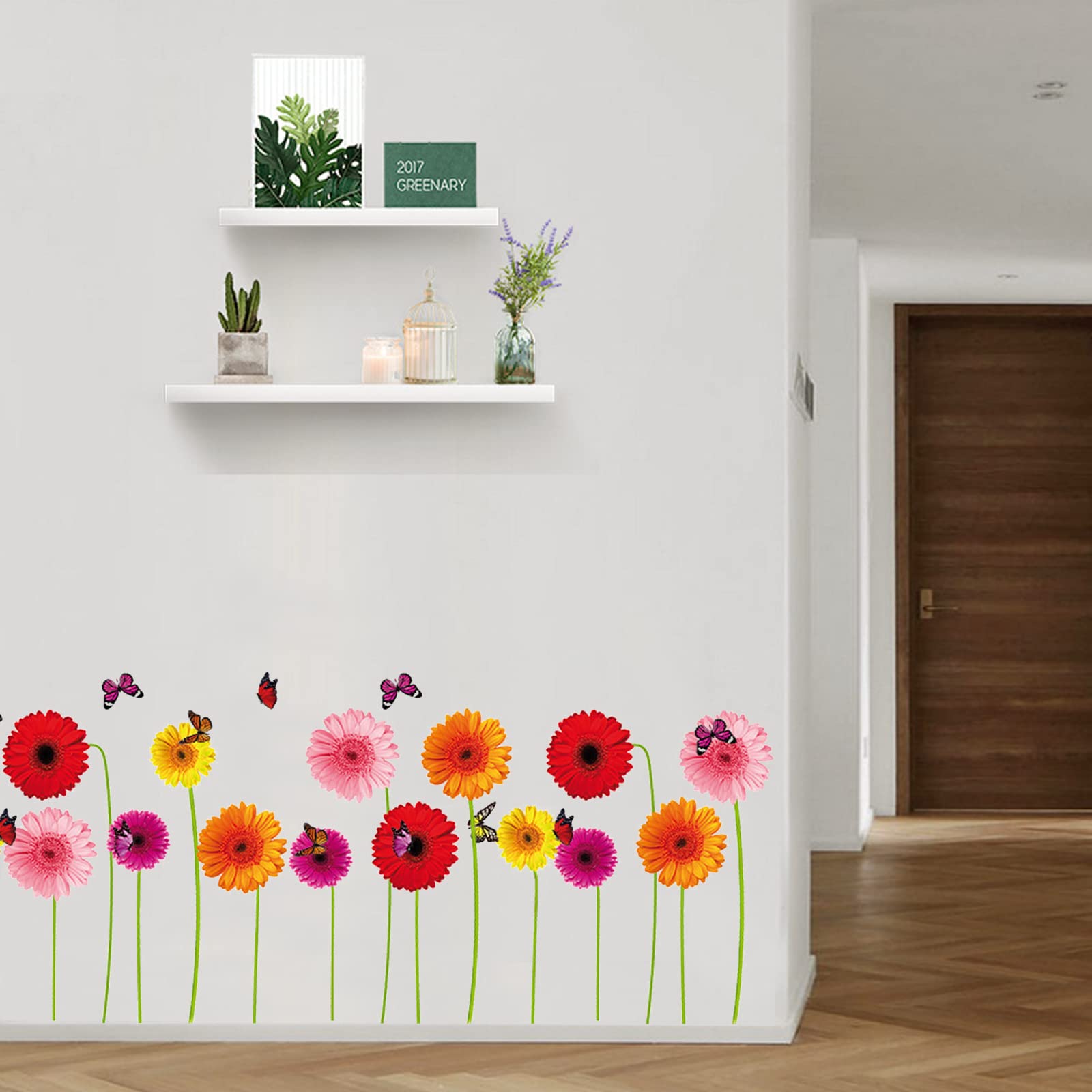 Maydahui 2 Sheets Gerbera Daisy Flowers Wall Decal 3D Floral Butterfly Wall Stickers (30*37 Inch) Peel & Stick Removable Modern Art Mural Decor for Kitchen Kids Bedroom Living Room(
