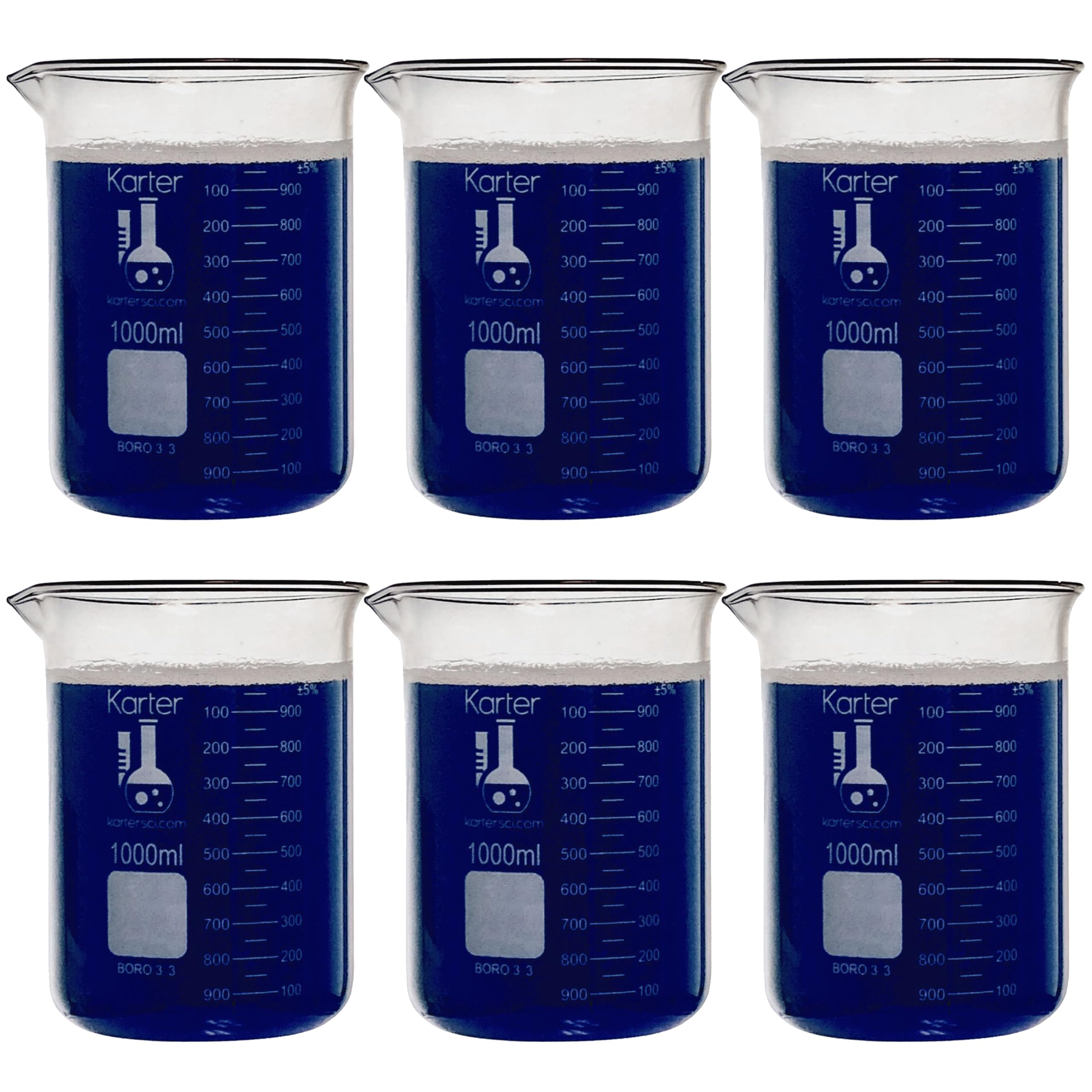 1000ml Beaker, Low Form Griffin, Borosilicate 3.3 Glass, Double Scale, Graduated, Karter Scientific 213D19 (Pack of 6)