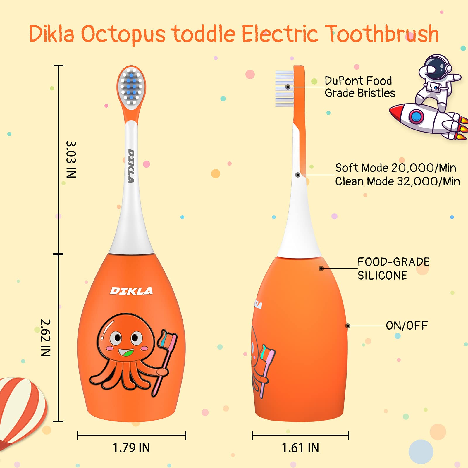 Kids Electric Toothbrush with Octopus Design for Children Aged from 3 to 12 Years Old, 2 Modes with Memory & 20000 to 31000 SPM, IPX7 Waterproof, Fun & Easy Cleaning Design (Orange)