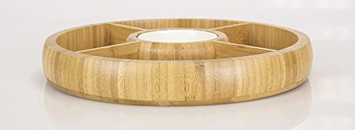 Bamboo Charcuterie Board/Cheese Board Chip and Dip Divided Bowl/Serving Platter with Ceramic Center Bowl/Dip Cup