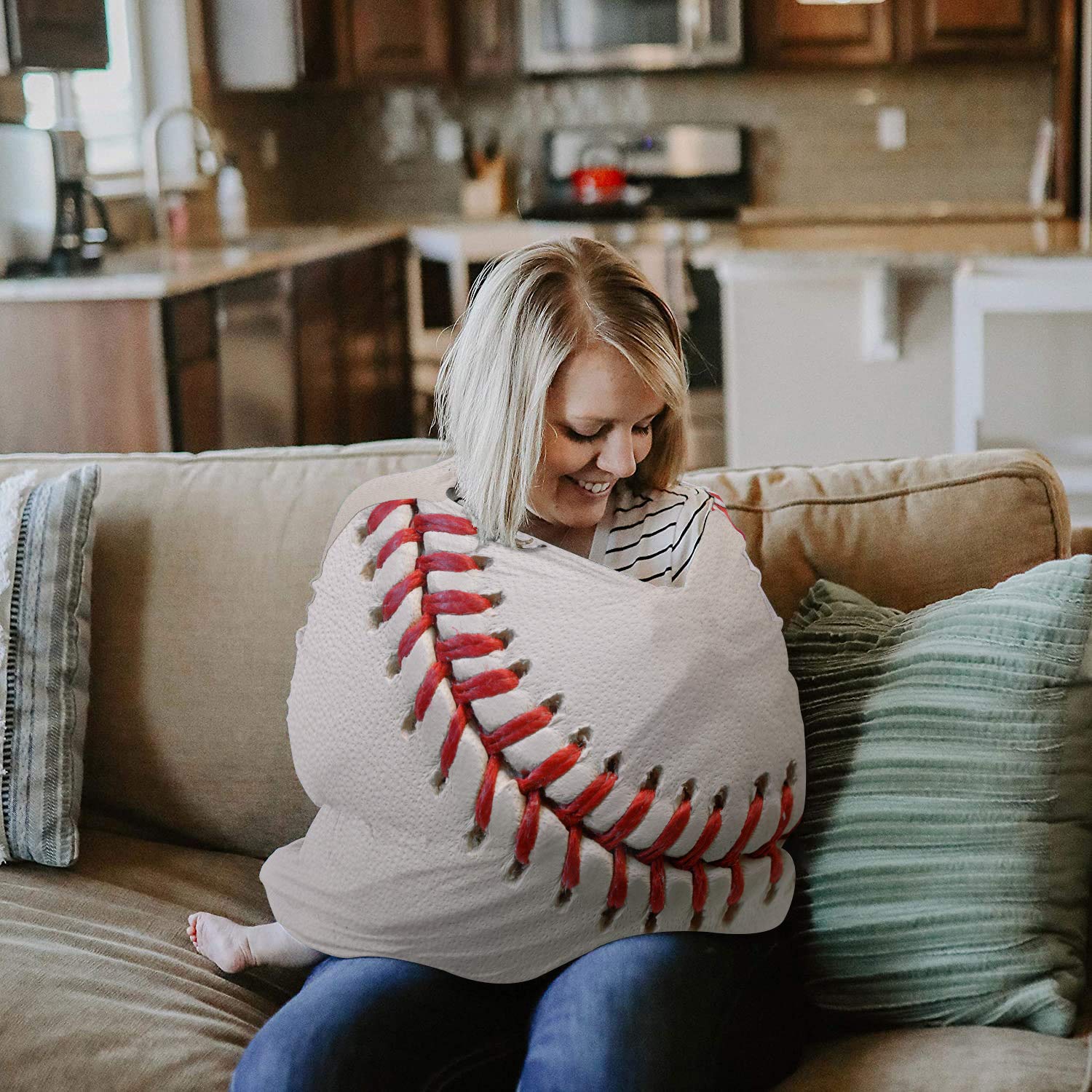 Nursing Cover Carseat Canopy, Baseball Texture Red Soft and Breathable Stroller Covers for Breastfeeding Infants, American Sports Multiuse-Nursing Scarf,Stretchy Babysitting Scarf