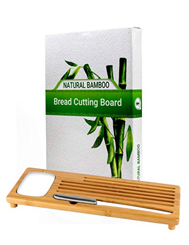 Bamboo Land- Bamboo Sweep Off Baguette Board with Bread Crumb Catcher and Ceramic Dipping Dish, 18β x 7β, Bread Cutting Board with Crumb Catcher, Board for Cutting Bread, Bread Cutter Knife