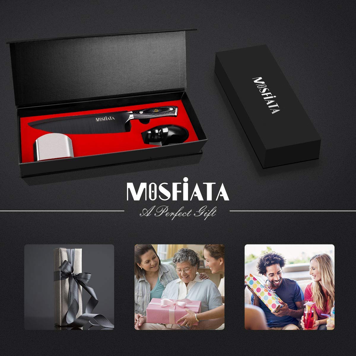 MOSFiATA 8 inch Chef's Knife & 8 inch Tatanium Plated Chef's Knife & 7 inch Santoku Knife
