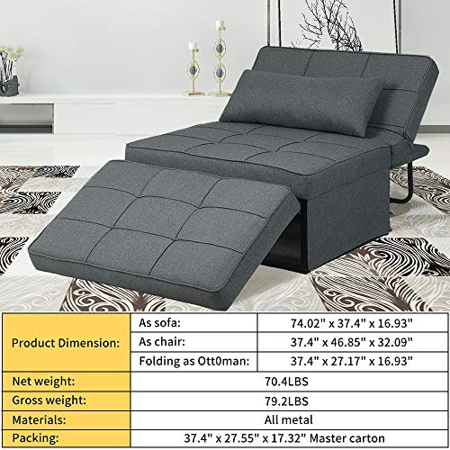 Ainfox Sofa Bed, 4 in-1 Sleeper Chair Bed Multi-Function Folding Convertible Couch Chair Ottoman Bed for Apartment, Small Space (Deep Grey)