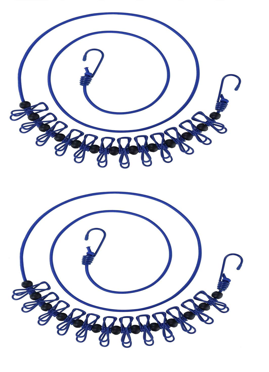 2 Pack 11 Feet Windproof Clothesline with 12 Blue Clips, Adjustable Clothes Line for Home, Travel and Outdoor Hanging Clothes