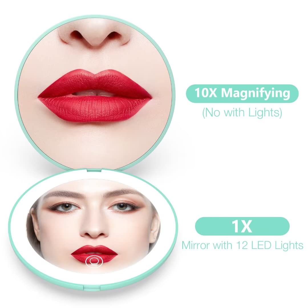 wobsion Travel Mirror with Light, Rechargeable 1x/10x Compact Magnifying Mirror, Dimmable Pocket Mirror,3.5inch Travel Size,Portable for Handbag,Purse,Gift,Cyan