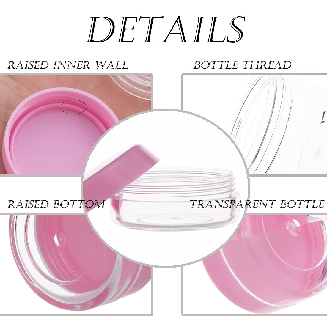 ZEJIA 10pcs Small Travel Containers, Pink Sample Containers with Screw Lids, 5 Size 3/5/10/15/20 Gram Sample Jars with 12pcs Labels and 2pcs Mini Disposable Spatula, Makeup Sample Containers BPA Free