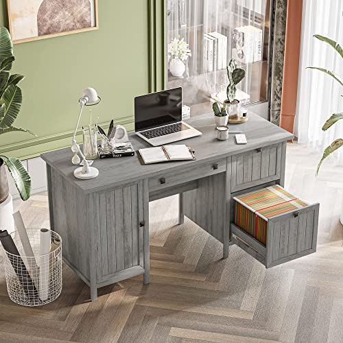 HOMCOM Vintage Executive Computer Desk, Home Office Work Station, Student Table with Cabinet & 3 Drawers for Hanging Files, Grey