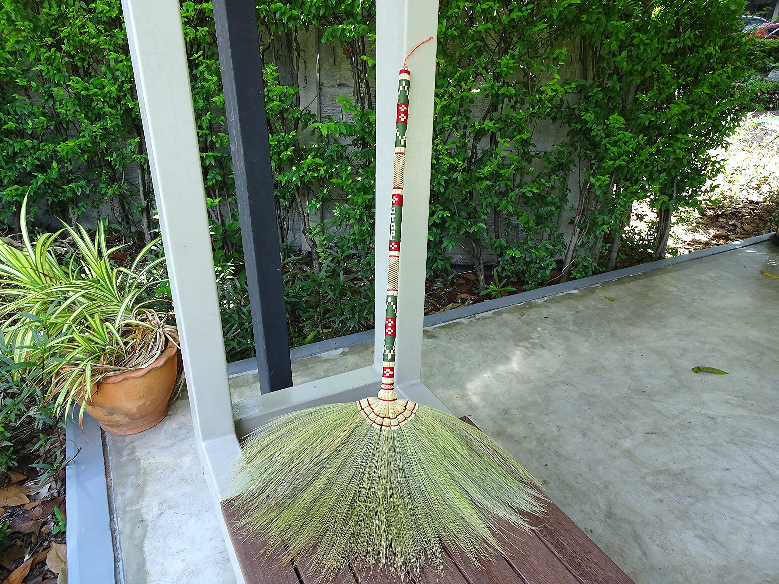 Asian Thai Handmade Broom ONE Piece Selected at Random for Sweeping Natural Grass & Wood Handle Corn Broom + 100% Calico Cotton Duster Cover (Various Styles and Colours as Pictured)