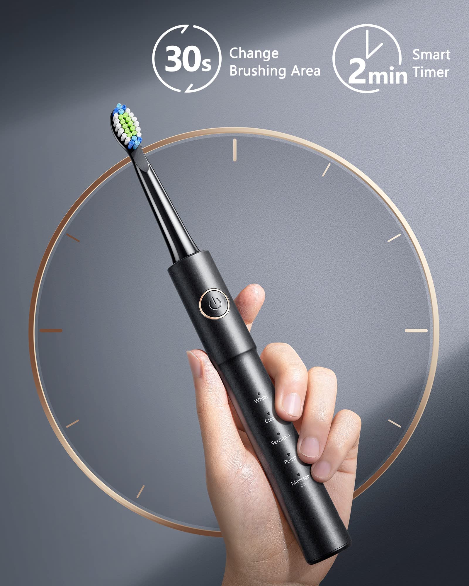 Dnsly Ultrasonic Electric Toothbrush for Adults, Battery Electric Toothbrushes, 8 Sonic Toothbrush Heads, 5 Modes with Smart Timer, 2 Hours Charge for 30 Days Use