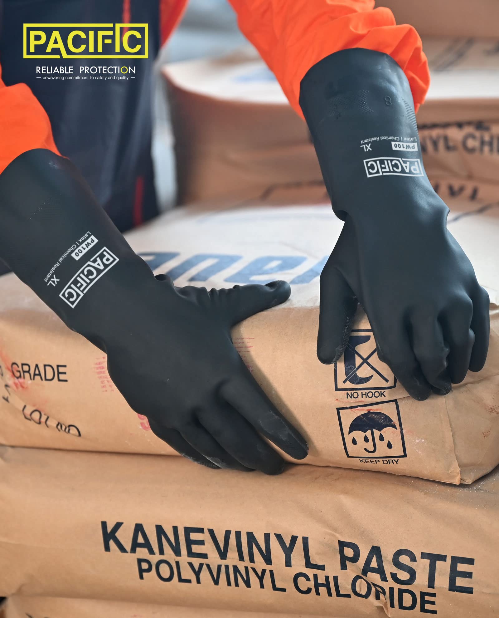 PACIFIC PPE Chemical Resistant Gloves, Heavy Duty Industrial Rubber Gloves, Resist Acid, Alkali and Oil, 12.6", Large