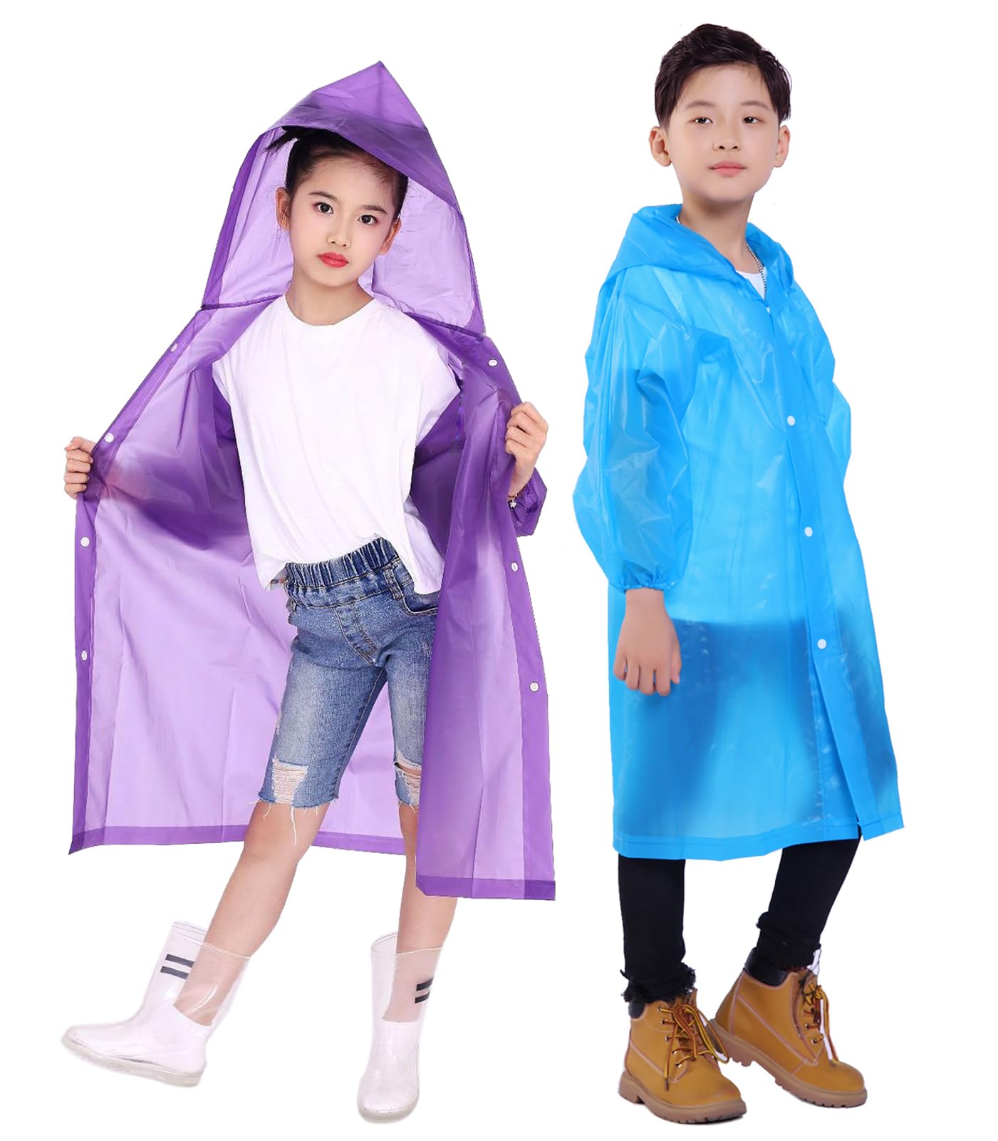 Makonus Kids Rain Jacket, 2 Pack Rain Ponchos for Kids with Hood and Sleeves Reusable Raincoats for Boys and Girls