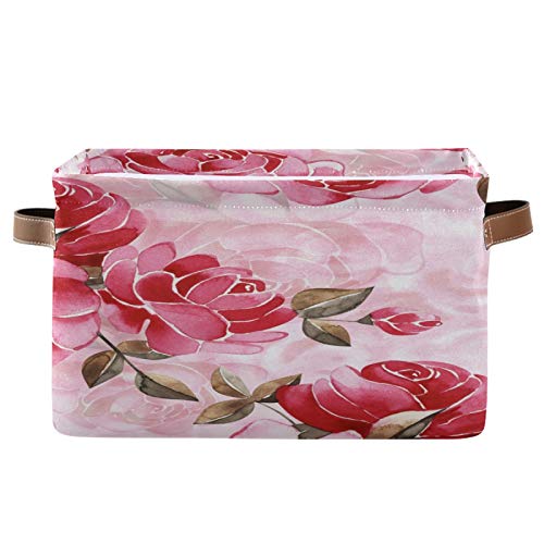 ALAZA Decorative Basket Rectangular Storage Bin, Gently Pink English Rose Spring Flowers Vintage Organizer Basket with Leather Handles for Home Office