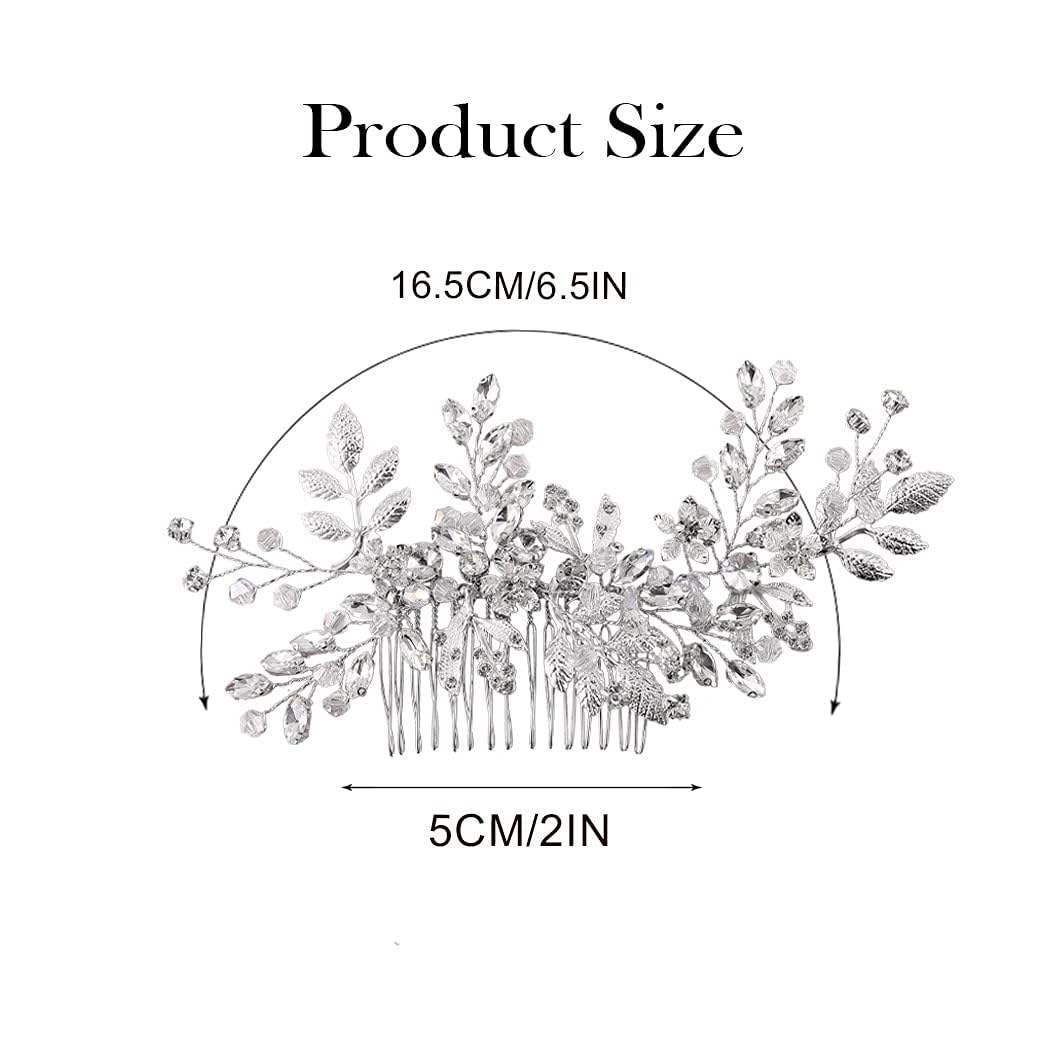 Evild Rhinestone Wedding Hair Comb Leaf Bead Headpieces Clip Crystal Bridal Headdress Flower Accessories for Brides and Bridesmaids (Silver)