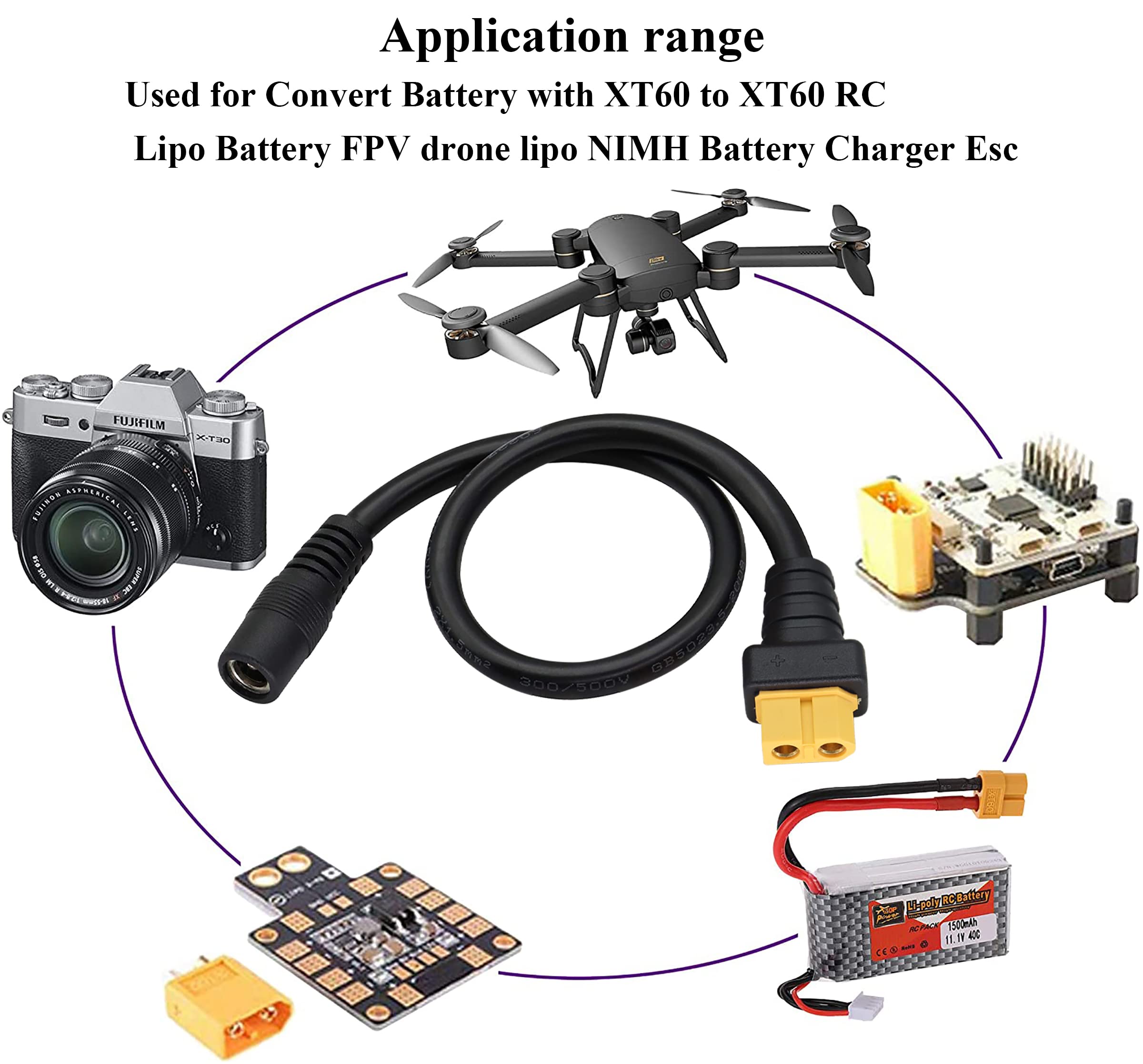 AAOTOKK XT60 to DC Adapter Cable XT60 Bullet Connector Female to DC 5.5mm X 2.5mm Female Power Jack Adapter Cable for TS100 Soldering Iron, FPV Monitor Power,Drone Power Cord.(30 cm-2Pack)