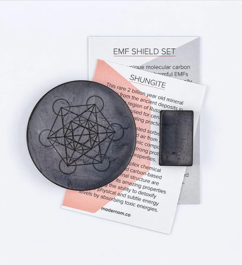 Shungite Plates for Cell Phones, Tablets, Laptops | Shungite Stone Stickers for Electronics with Sacred Geometry – Set of 2, Large Plate with Metatron’s Cube