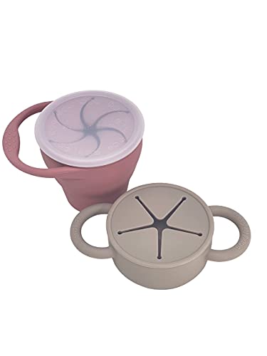BraveJusticeKidsCo. | Snack Attack I&II Baby Snack Cup | 2 pack | Silicone Collapsible Toddler Snack Cup (Dusty Rose and Fog)