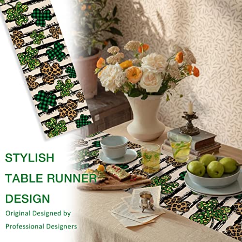 Seliem St. Patrick's Day Shamrock Clover Table Runner, Black Stripe Buffalo Polka Dot Leopard Kitchen Dining Table Decor Irish Burlap Home Decoration Indoor Outdoor Holiday Party Supply 13 x 72 Inches