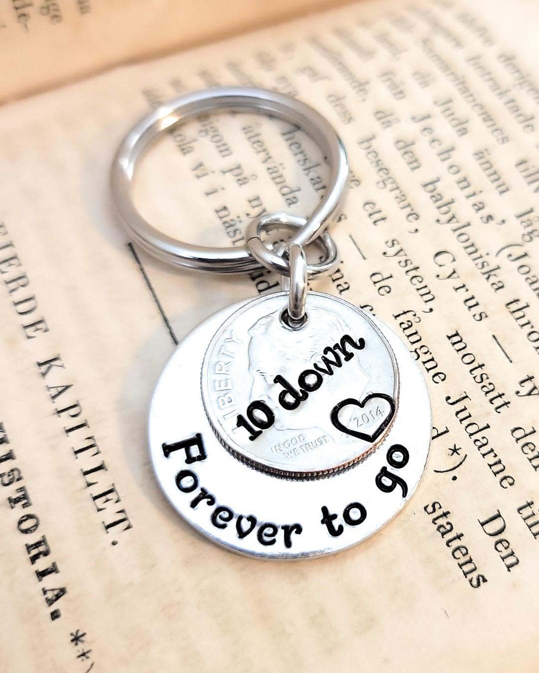 10 Down and Forever To Go 10th Year Anniversary Gift Key Chain with a 2014 Dime and Silver Aluminum Charm