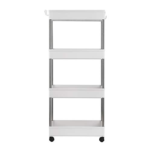 4-Tier Rolling Cart on Wheels, Mobile Slim Rolling Cart with Hooks, Multi-Functional, Suitable for Kitchen, Bathroom, Laundry Room Narrow Place, Plastic and Stainless Steel, White (16L x 8.7W x 34.5H)