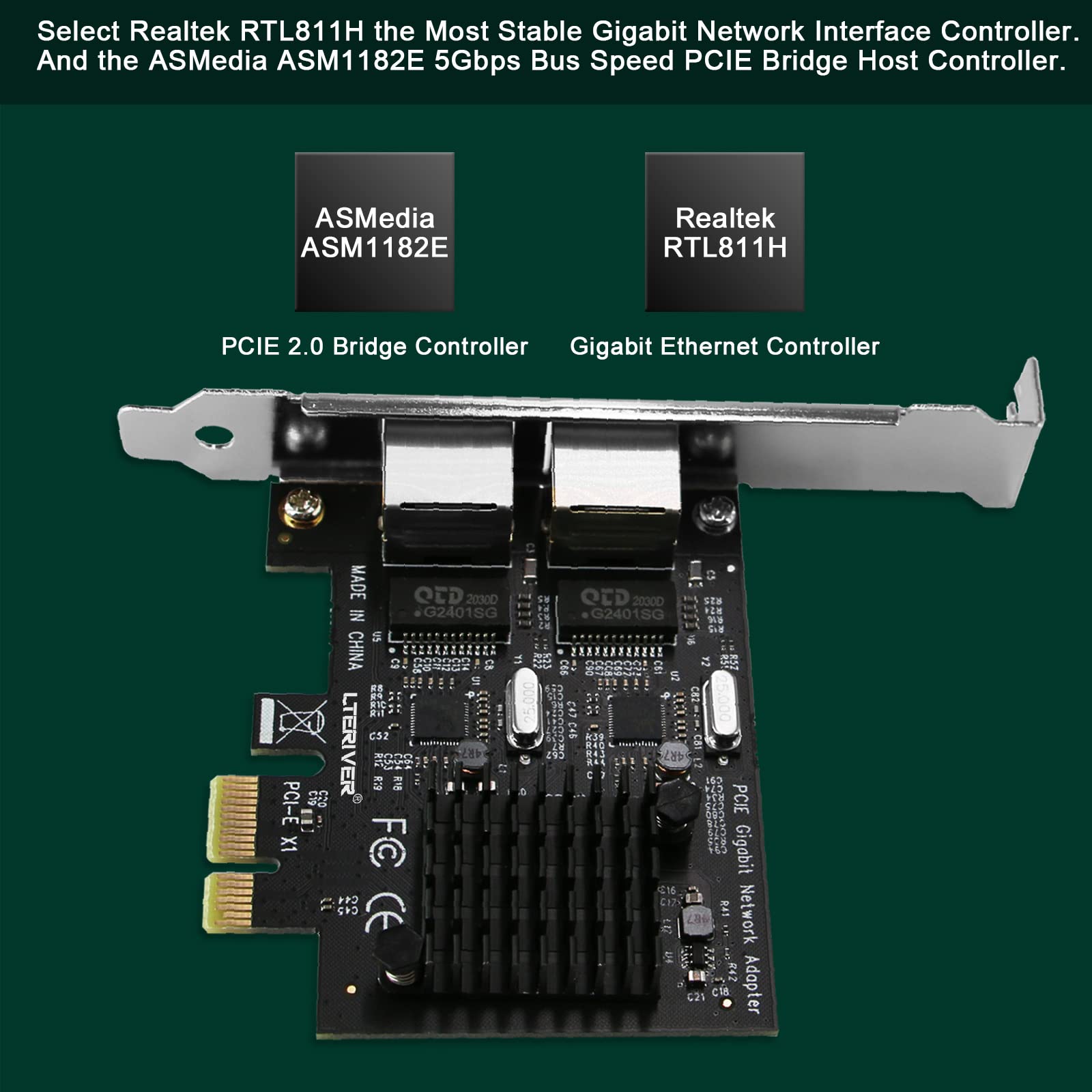 LTERIVER PCI Express to 2-Ports Gigabit Ethernet Adapter for Windows Server, 7, 8.0, 8.1, 10, 11 (32/64) and Linux, Dual Ports Gigabit PCIE Network Interface Card, Realtek RTL811GN Chipset (PCE-NIC2)
