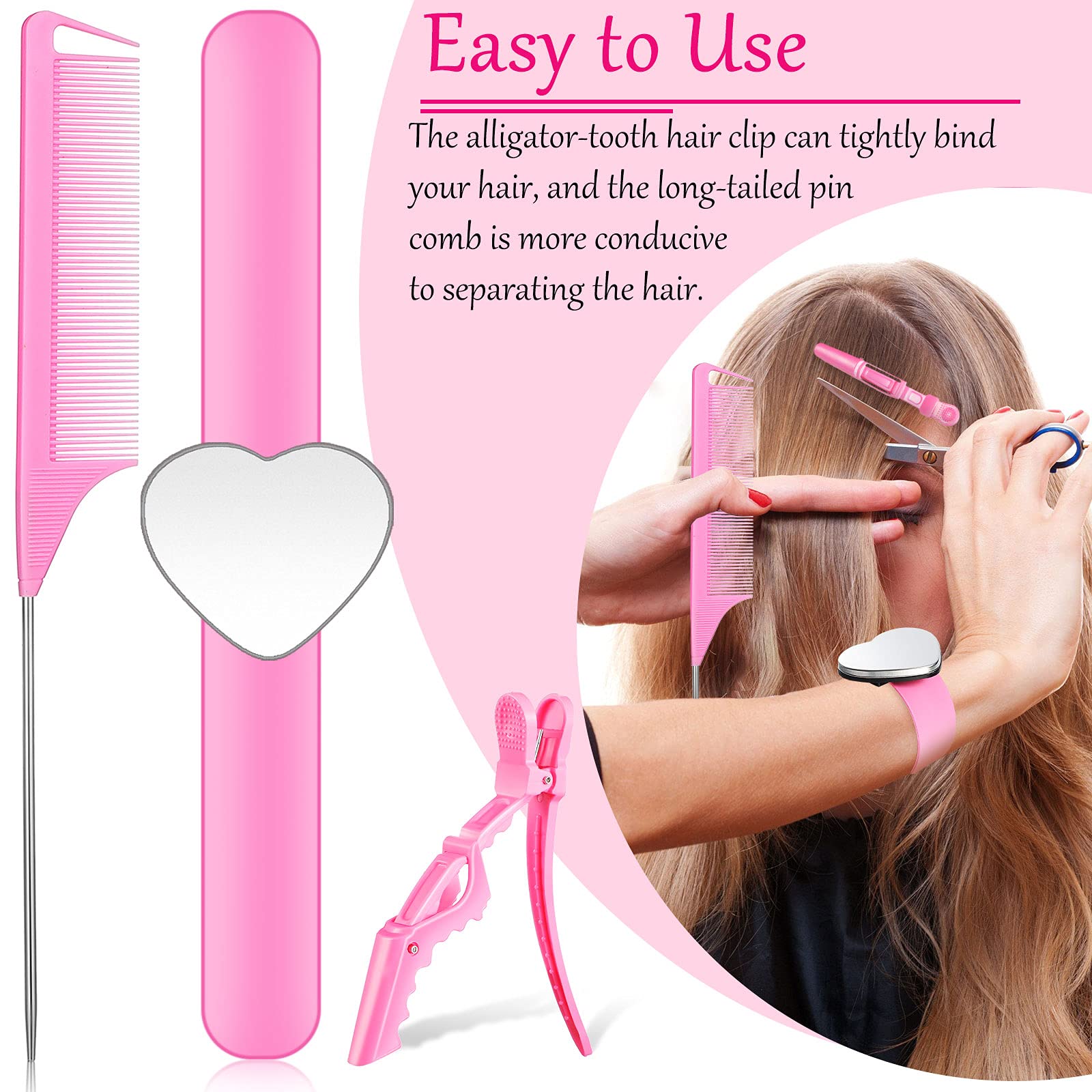 Nuenen Hair Braiding Tools 7 Pieces Set Including Magnetic Pin Wristband, Stainless Steel Rat Tail Combs, and Wide Teeth Alligator Sectioning Hair Clips (Pink)