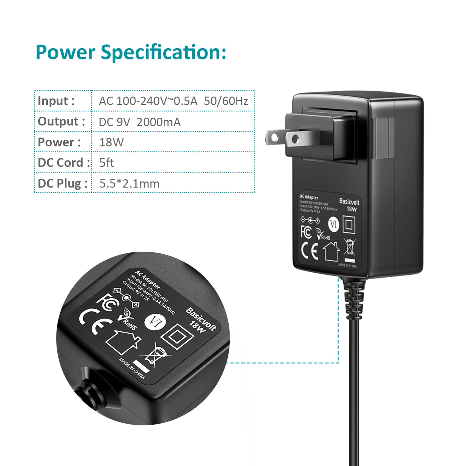 Basicvolt Universal Power Supply 9V 2A AC Adapter 100-240V AC to DC 9V 1.8A 1.5A 1A 0.8A 0.5A 450mA Power Adapter for LED Strip Light CCTV Camera Router Modem Toys DVD IR Illuminator ADSL Cats DVR