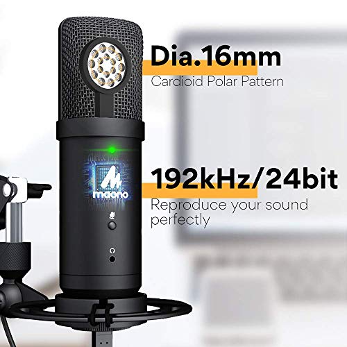 MAONO USB Podcast Microphone with Headphone Set, Zero-Latency Monitoring Computer Condenser PC Mic 192KHZ/24Bit with Mute Button for Recording, Voice Over, Streaming(AU-PM401H)